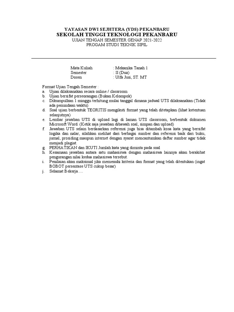 Soal UTS MEKTAN 1 | PDF