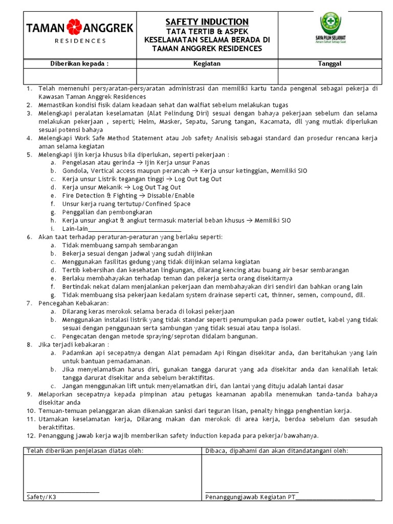Safety Induction Form | PDF