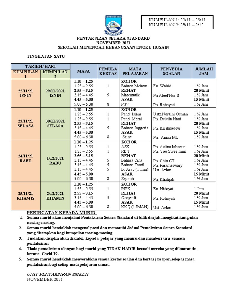 JADUAL PENTAKSIRAN SETARA STANDARD PER-T2 - Edaran Murid | PDF