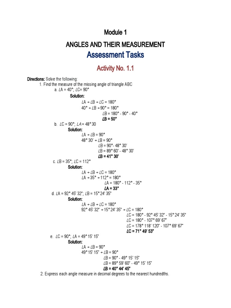 Assessment Tasks: Angles and Their Measurement | PDF | Angle | Mathematics