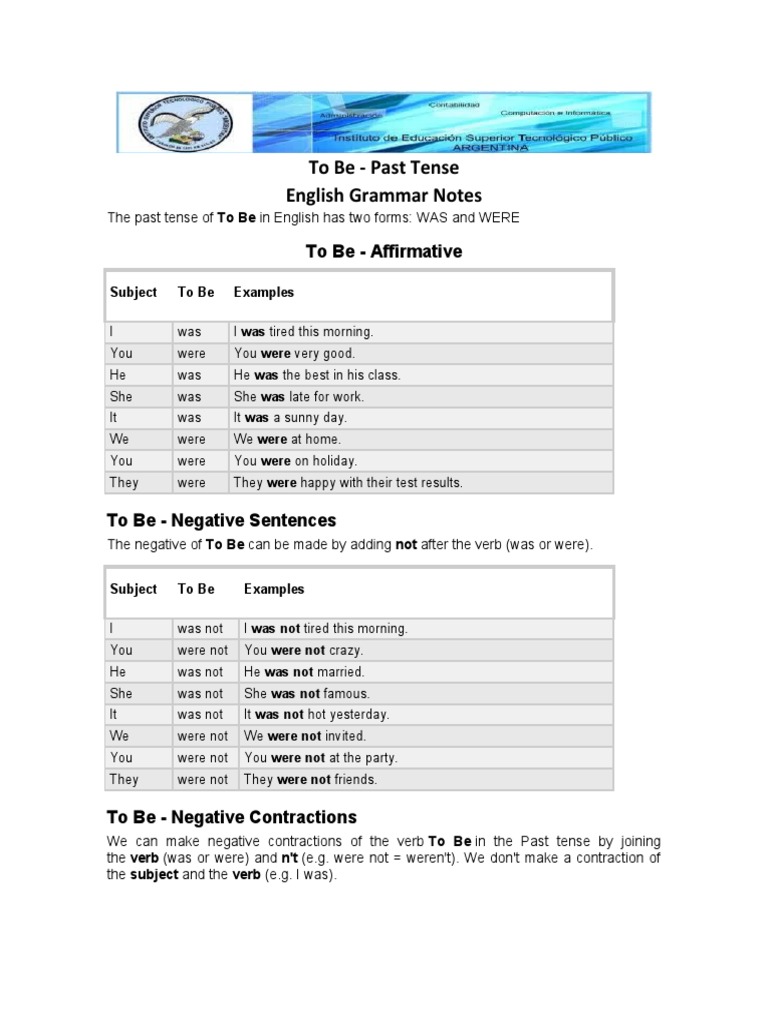 To Be - Past Tense English Grammar Notes | PDF | Question | Plural