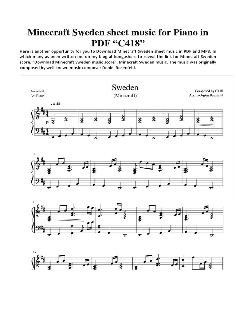 Minecraft Sweden Sheet Music For Piano I | PDF