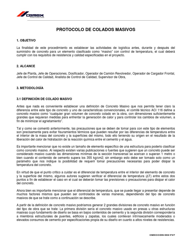 27 Protocolo de Colados Masivos CMXCCDN-002-F27 | PDF | Hormigón | Temperatura