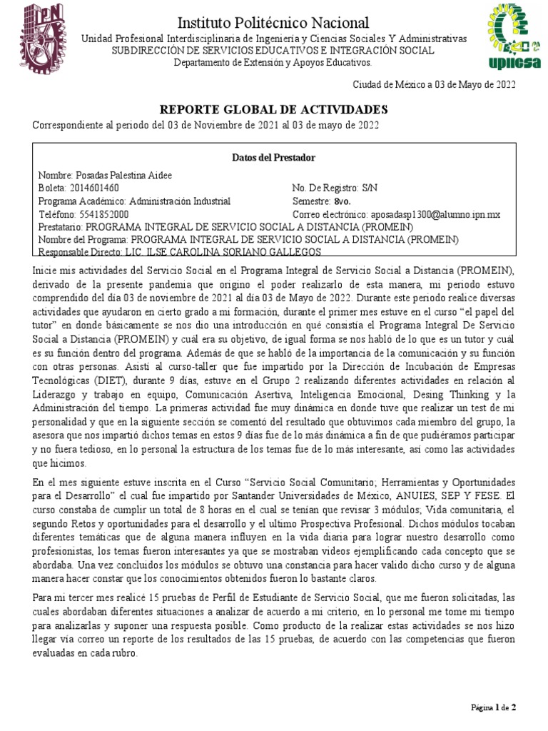IPN Reporte global de actividades de Servicio Social a distancia | PDF ...