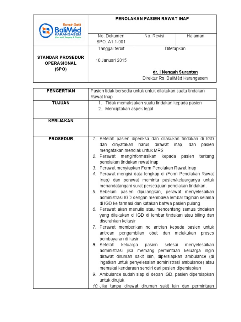 Standar Penolakan Rawat Inap Pasien | PDF