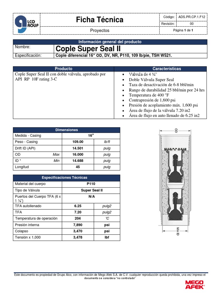 ADS - PR.CP.1.F12 Ficha Técnica Cople Super Seal II NR 16 P110 109ppf TSH 521 | PDF