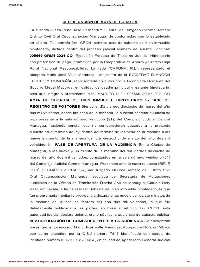 Certificacion de Acta de Subasta Sin Postores | PDF | Hipoteca ...