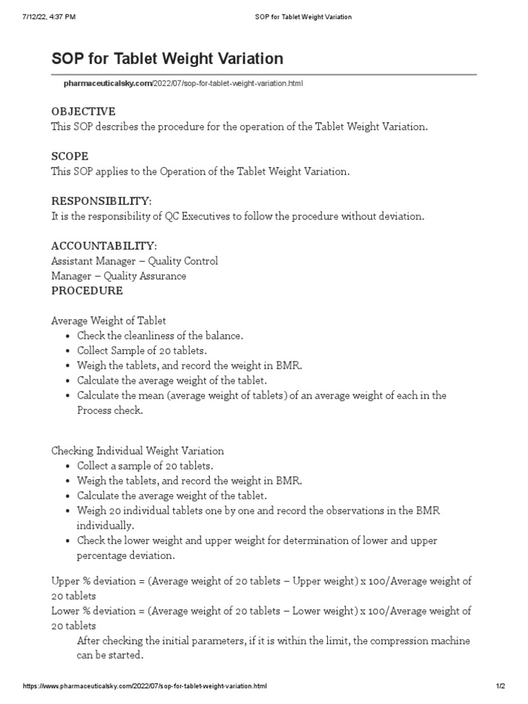 SOP For Tablet Weight Variation | PDF | Weight | Tablet (Pharmacy)