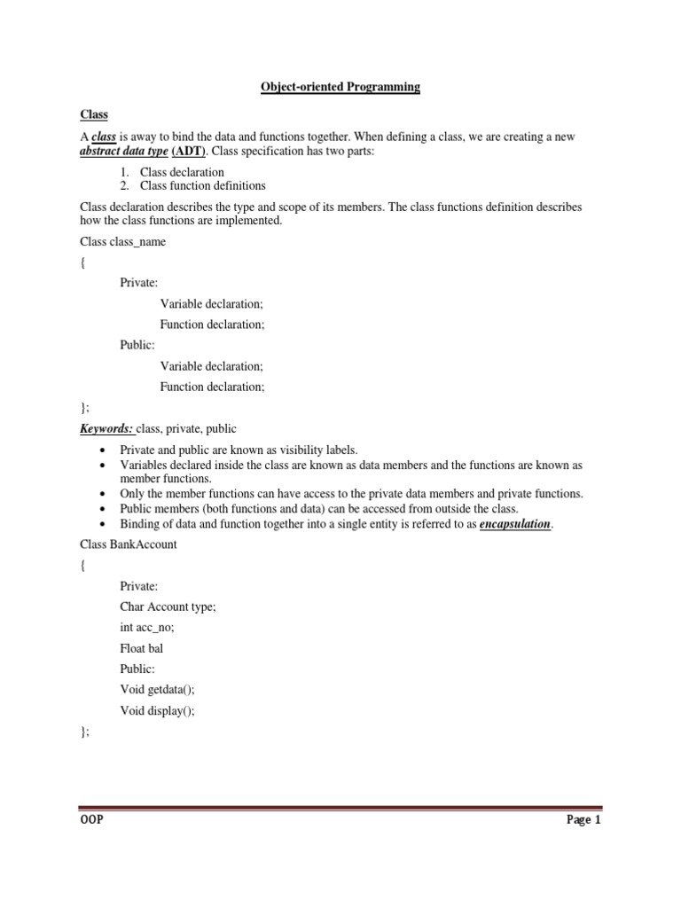 OOP Study Material | PDF | Class (Computer Programming) | Subroutine