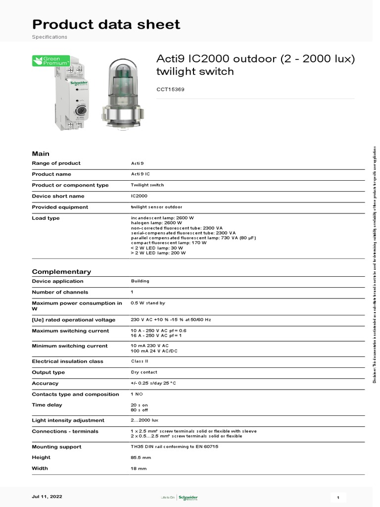 Product Data Sheet: Acti9 IC2000 Outdoor (2 - 2000 Lux) Twilight Switch | PDF | Alternating ...