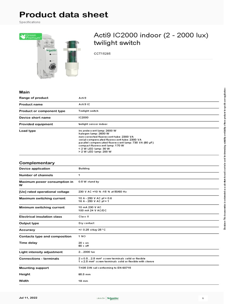 Product Data Sheet: Acti9 IC2000 Indoor (2 - 2000 Lux) Twilight Switch ...