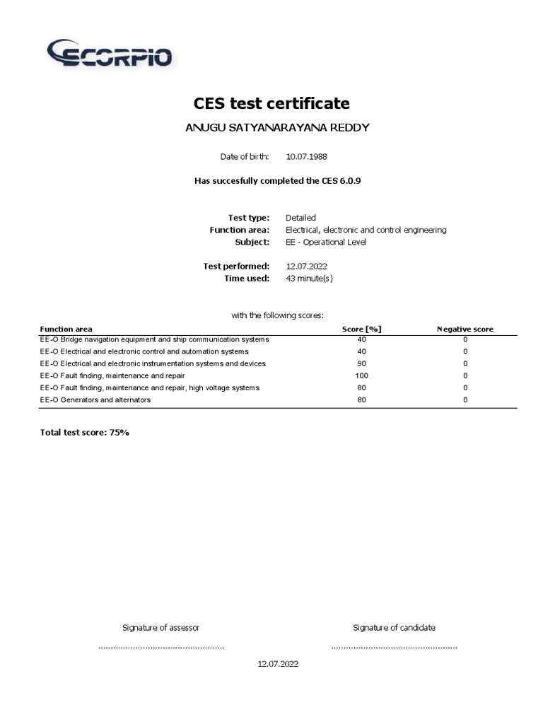 CES Test Certificate | PDF