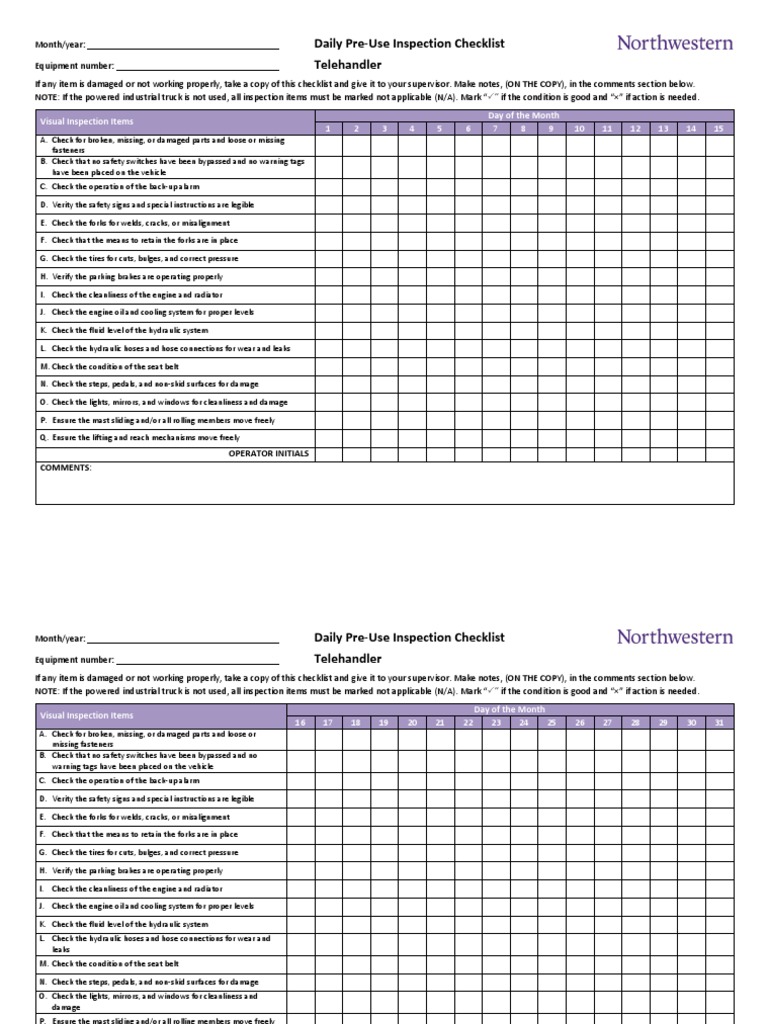 Daily Pre-Use Inspection Checklist Telehandler: Visual Inspection Items ...
