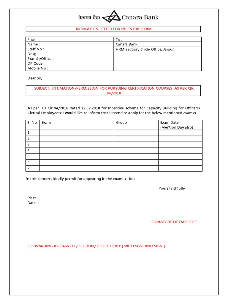 Format Intimation Letter for Incentive Exams 2 | PDF