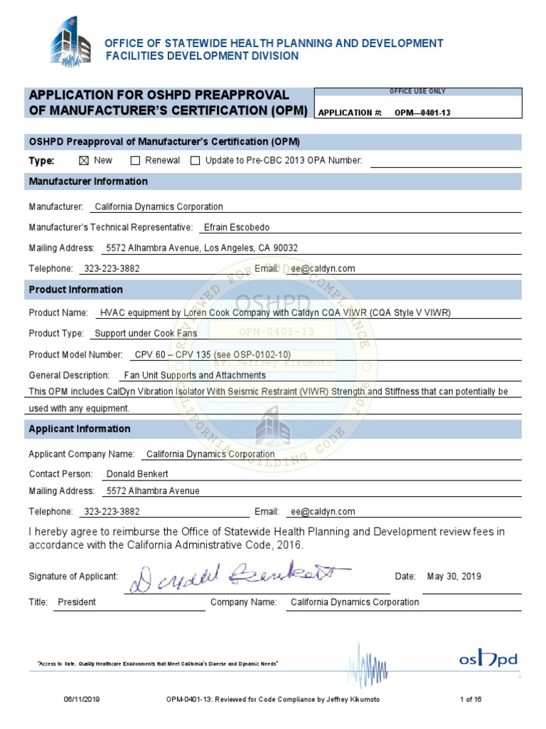 Application For Oshpd Preapproval of Manufacturer'S Certification (Opm ...