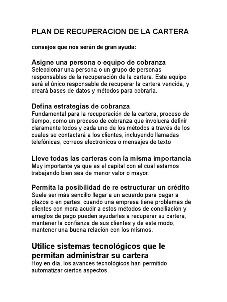 Plan de Recuperacion de La Cartera | PDF