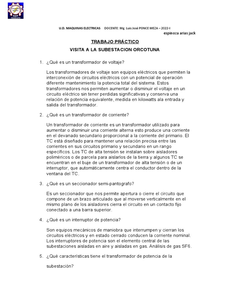 TRABAJO PRACTICO VISITA SUBESTACION ORCOTUNA | PDF | Transformador ...
