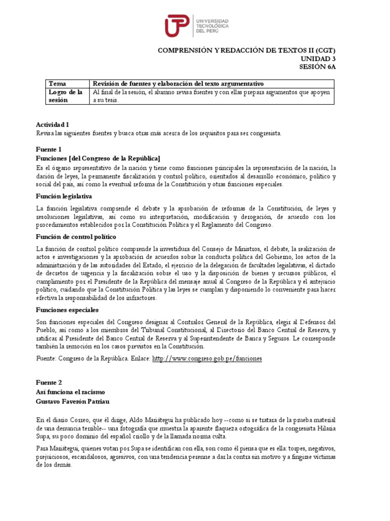 U3 - S6 - Texto Argumentativo (Requisitos Congreso) O. | PDF | Perú | Democracia
