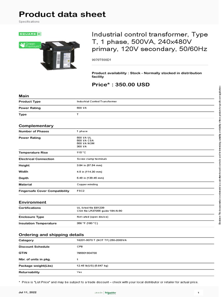 Product Data Sheet for Industrial Control Transformer Type T, 1 Phase ...