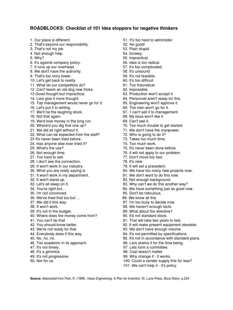 101 Roadblocks for Negative Thinkers | PDF