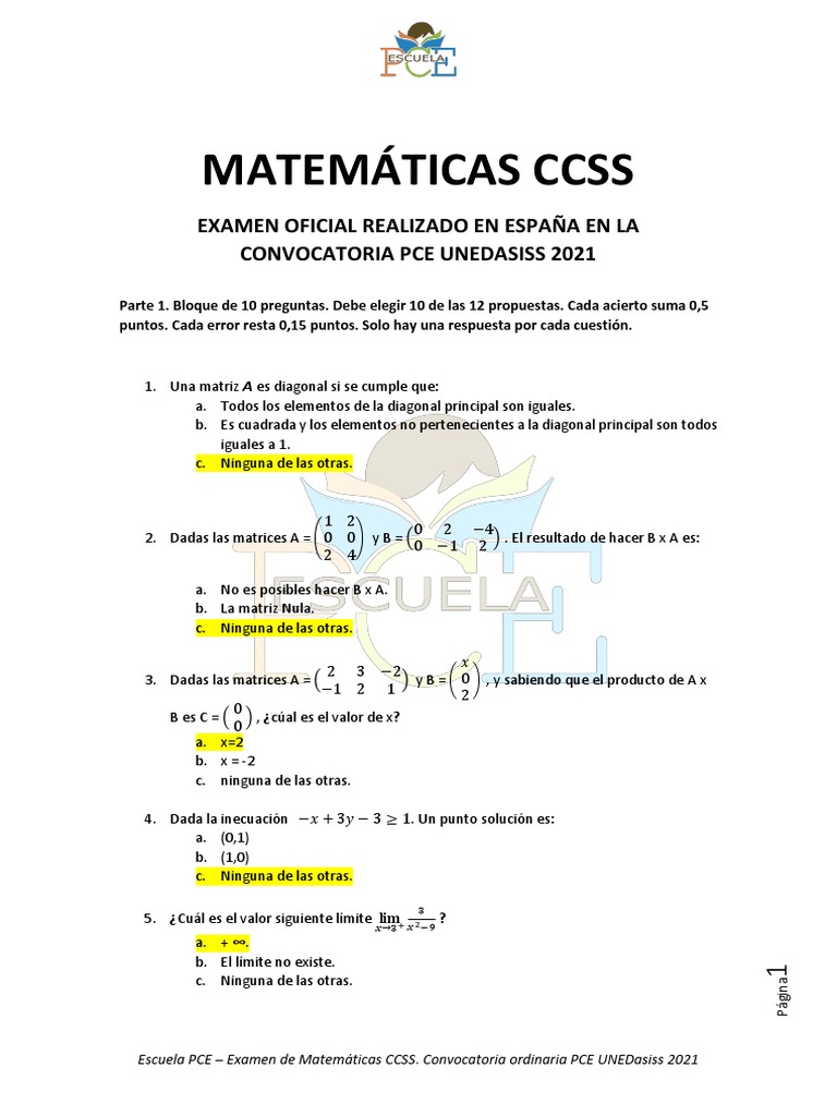 Escuela PCE - Examen Matematicas CCSS Ord Resuelto 2021 | PDF | Matriz ...