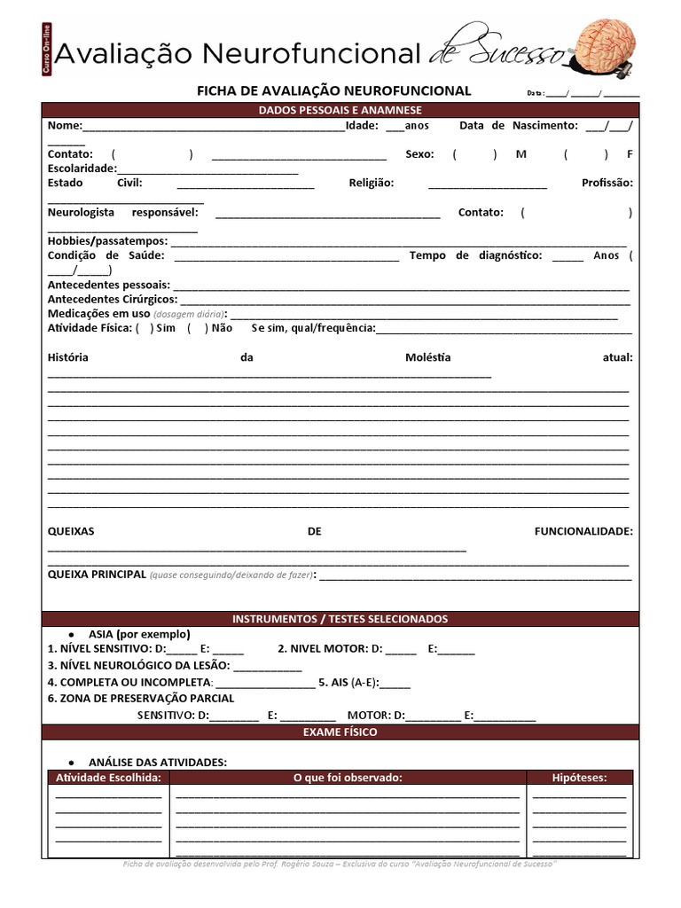 FICHA DE AVALIA O NEUROFUNCIONAL - Rog Rio Souza | PDF | Sistema Locomotor | Membros (anatomia)