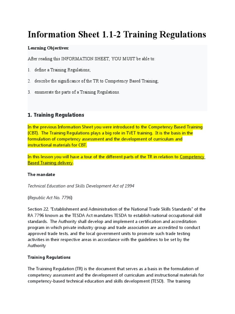 Information Sheet 1.1-2 Training Regulations | PDF | Curriculum ...