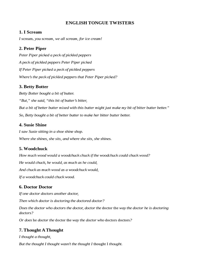 Twisting Tongues: A Collection of English Tongue Twisters | PDF