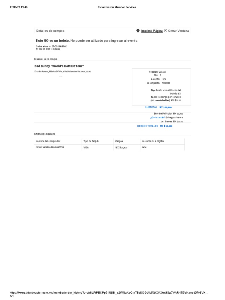 Ticketmaster Member Services Print Receipt PDF | PDF