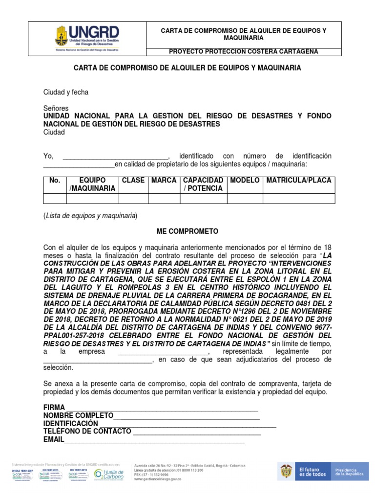Carta De Compromiso De Alquiler De Equipos Y Maquinaria Pdf