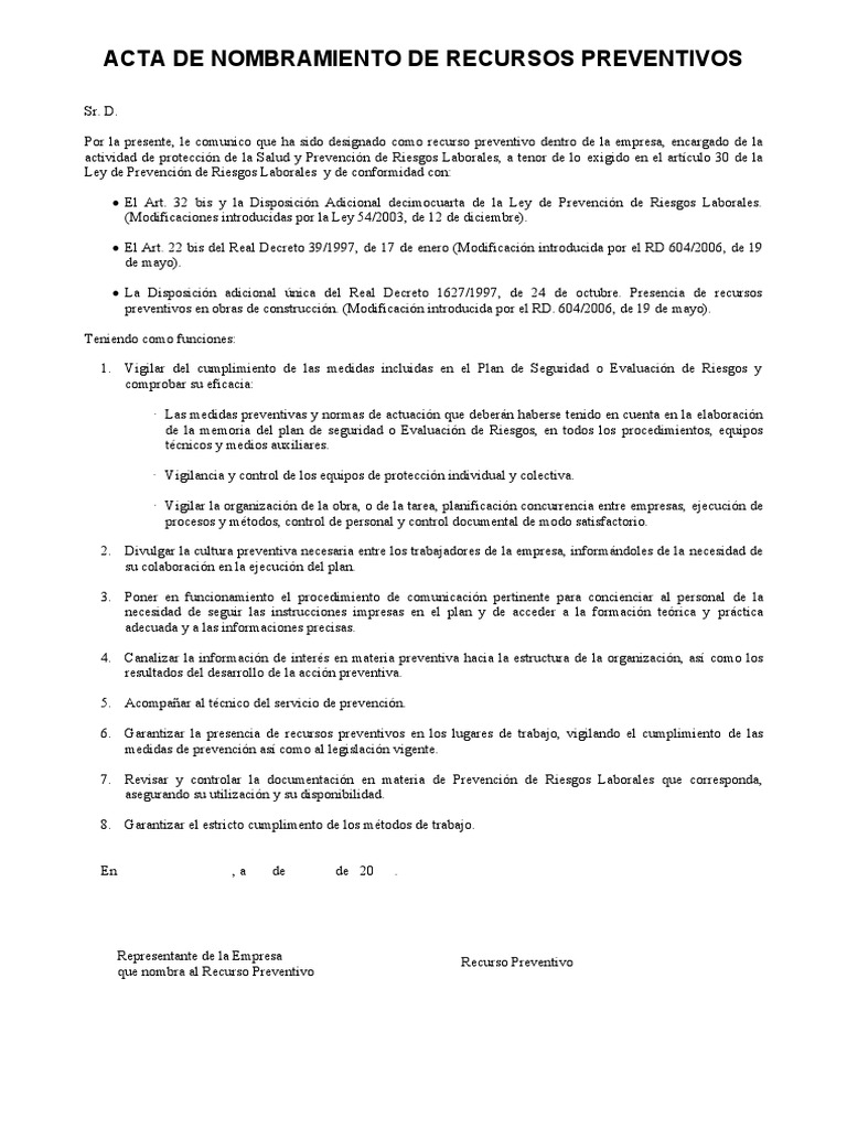 Designación del recurso preventivo para la vigilancia de la seguridad y ...