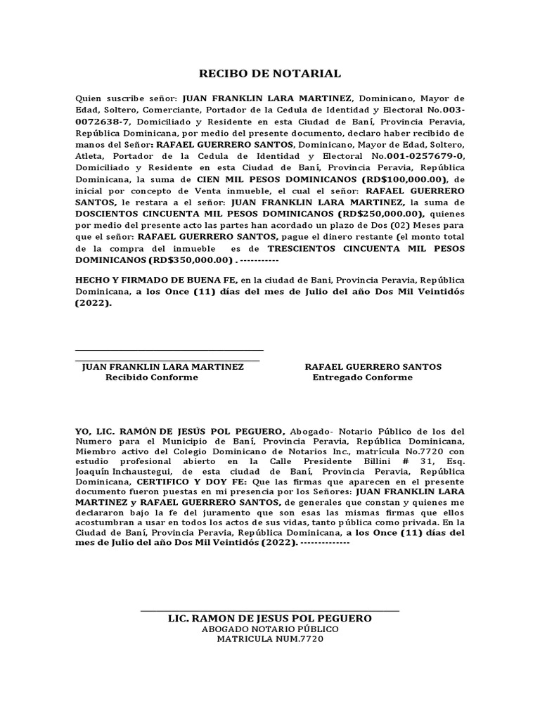 RECIBO NOTARIAL (JUAN FRANKLIN LARA MARTINEZ y RAFAEL GUERRERO SANTOS ...