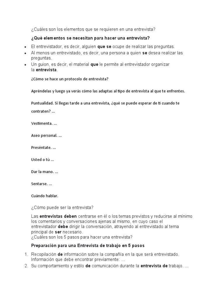 Cuáles Son Los Elementos Que Se Requieren en Una Entrevista | PDF