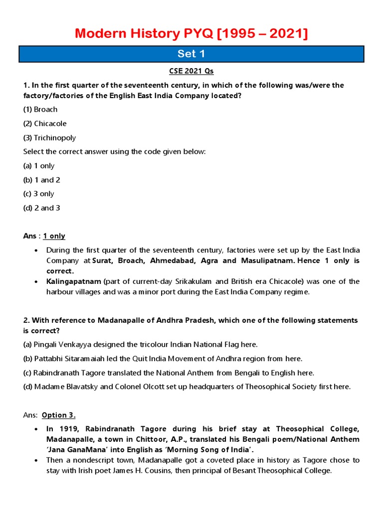 Modern History PYQ (1995 - 2021) | PDF | Indian Rebellion Of 1857