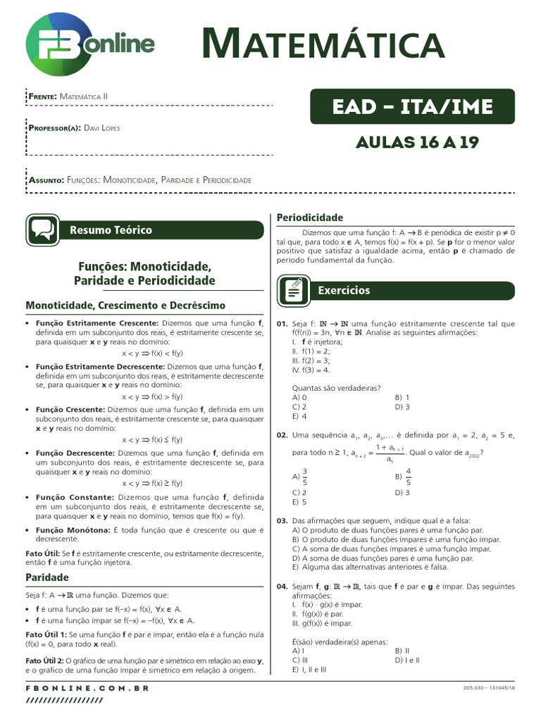 Funções: Monoticidade, Paridade e Periodicidade | PDF | Função ...