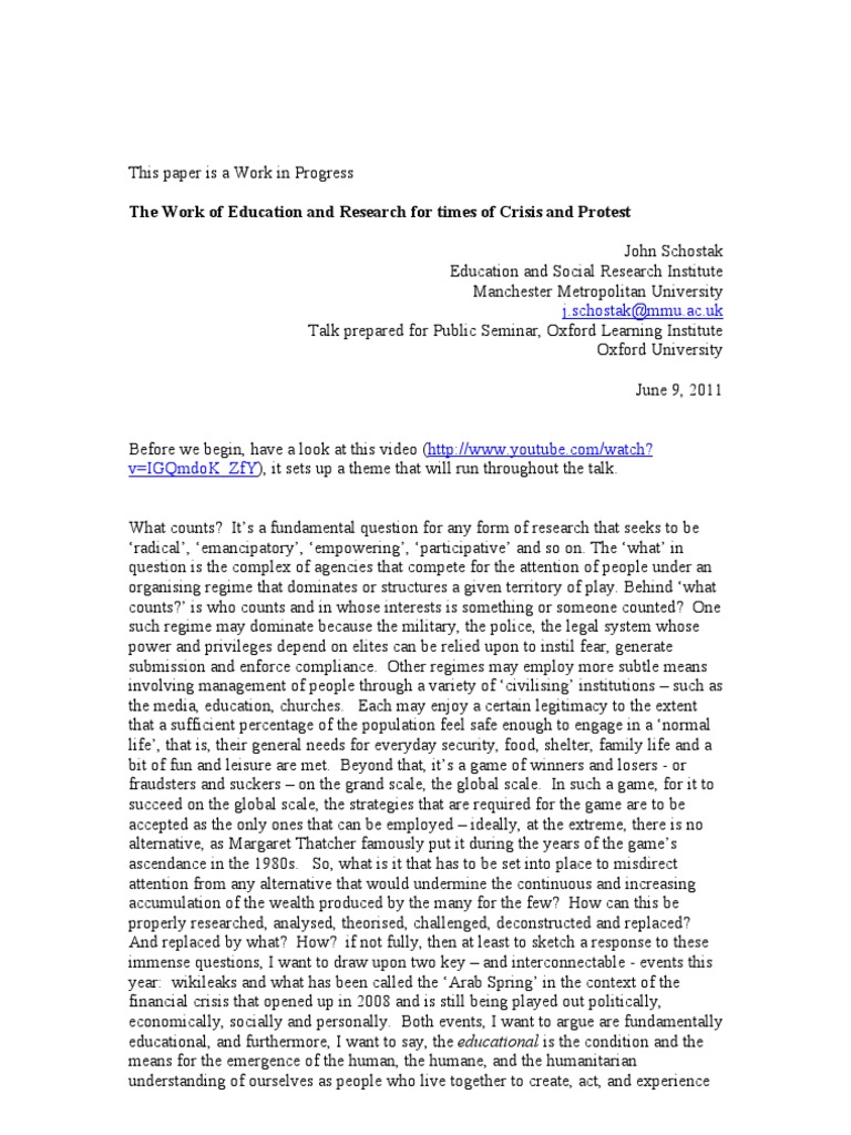 The Work of Education and Research For Times of Crisis and Protest ...