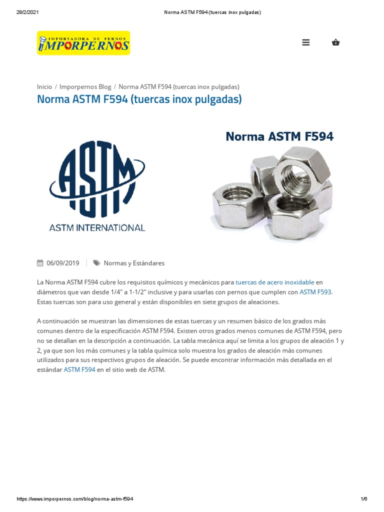 Norma ASTM F594 (Tuercas Inox Pulgadas) | PDF | Compuestos químicos | Metales de transición
