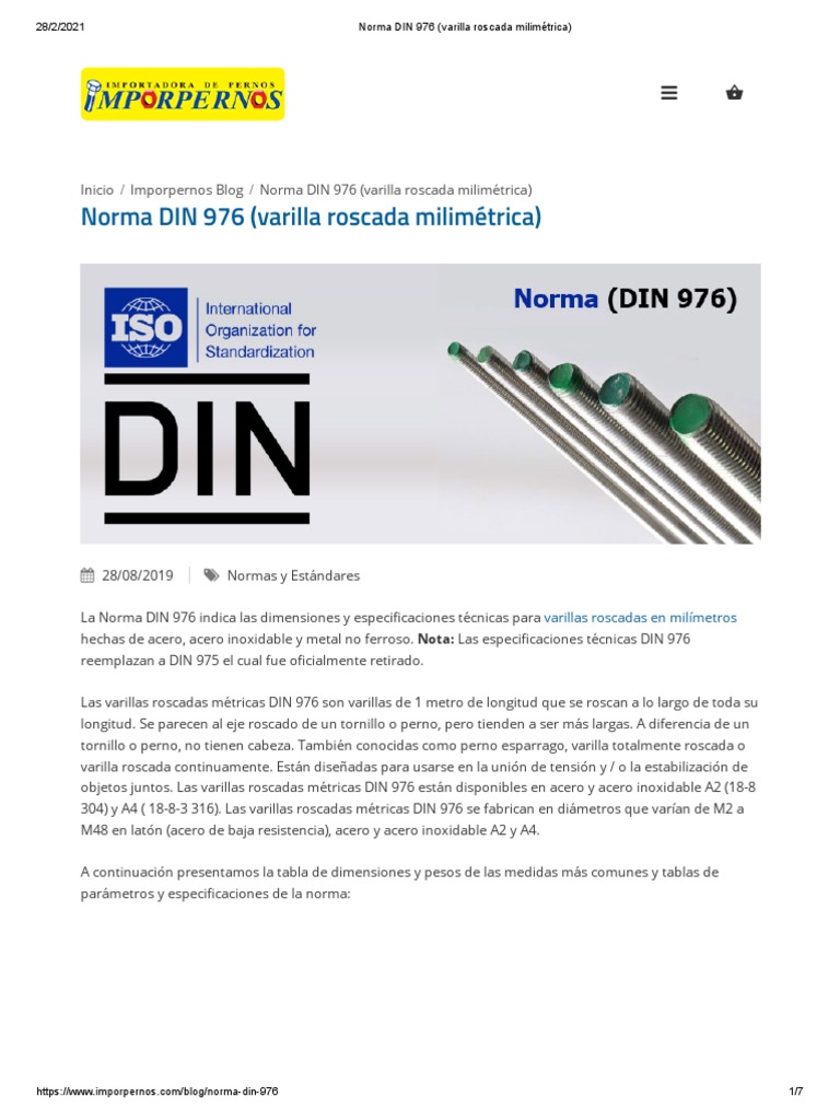 Norma DIN 976 (Varilla Roscada Milimétrica) | PDF | Tornillo | Rieles