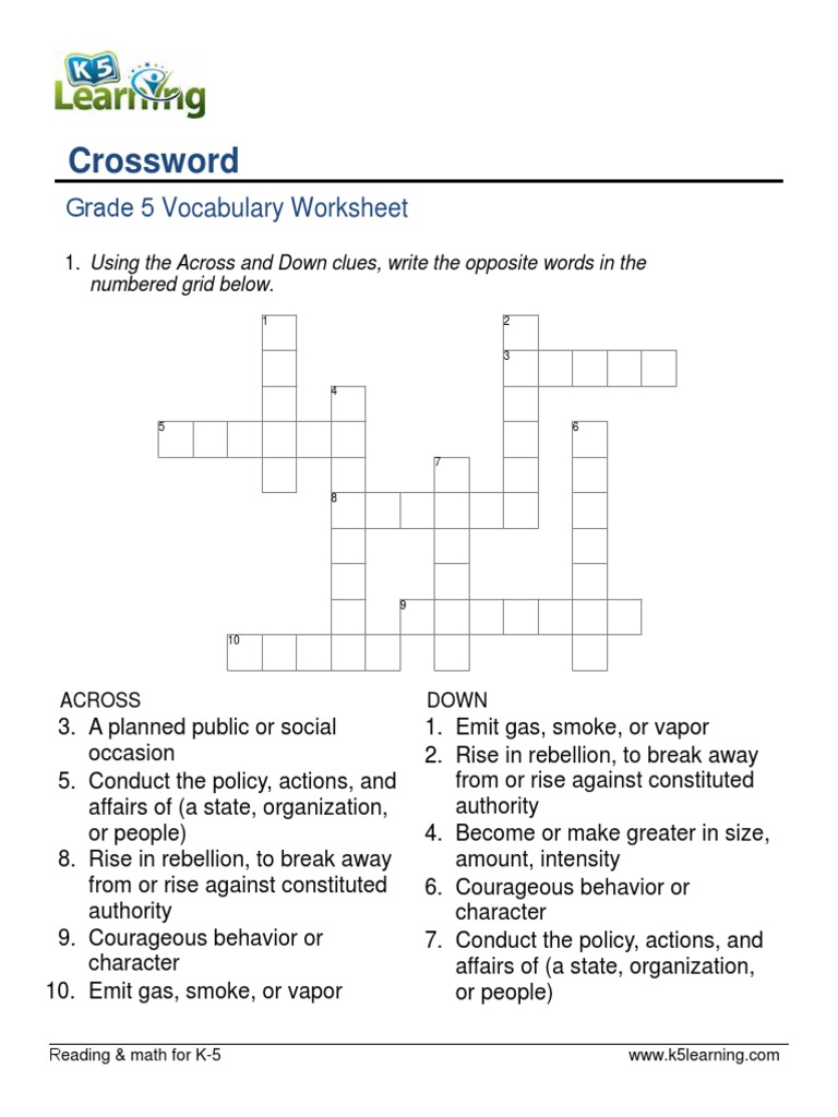 Crossword: Grade 5 Vocabulary Worksheet | PDF | Crossword | Games Of ...