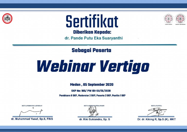 Sertifikat Webinar Vertigo Update - Perdossi Medan DR - Irvin Romyco, M ...