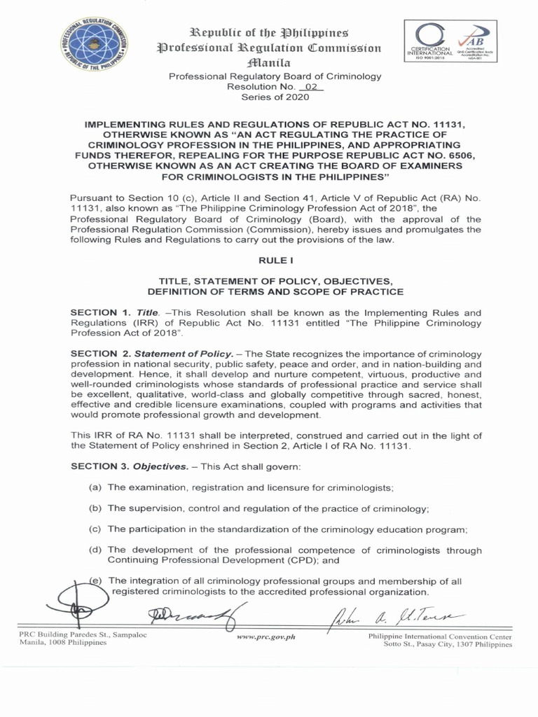 IRR of RA 11131 for Criminology Practice | PDF | Forensic Science ...