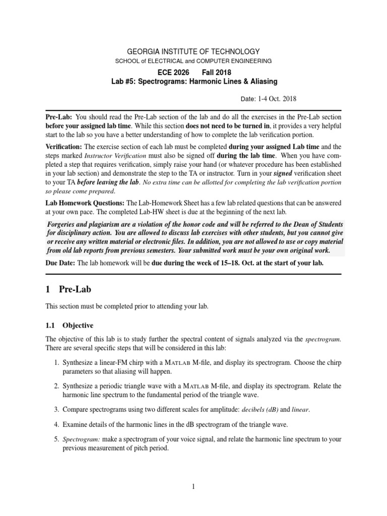 1 Pre-Lab: ECE 2026 Fall 2018 Lab #5: Spectrograms: Harmonic Lines & Aliasing | PDF | Decibel ...