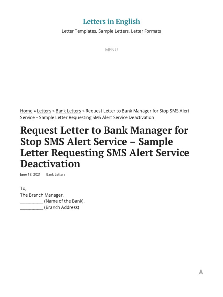 Request Letter To Bank Manager For Stop SMS Alert Service - Samp | PDF ...