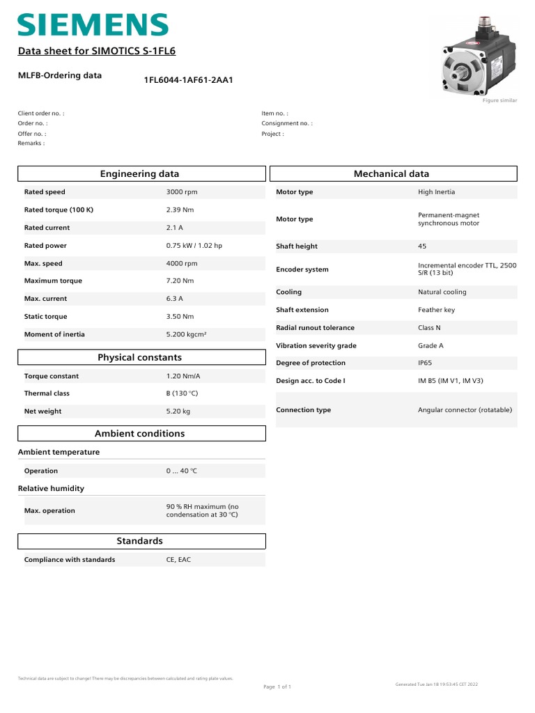 Data Sheet For SIMOTICS S-1FL6: Engineering Data Mechanical Data | PDF ...