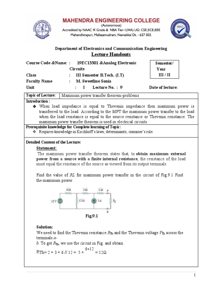 Maximum Power Transfer Theorem: Solving Problems Using Thevenin's Theorem to Determine Load ...