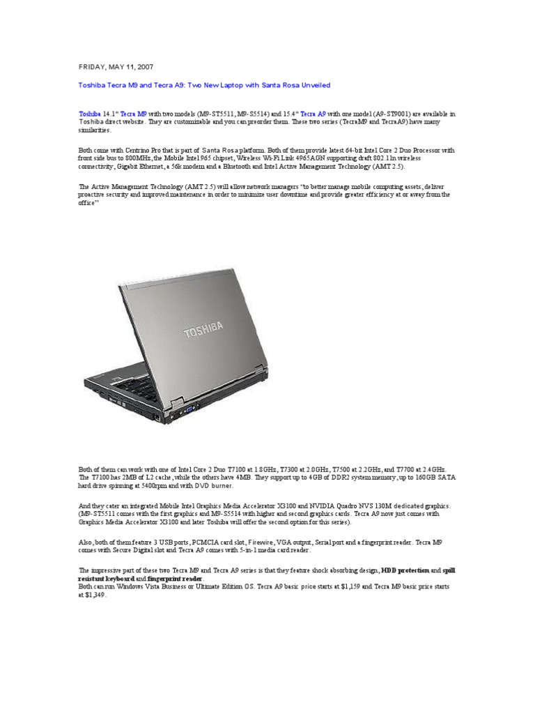 Toshiba Tecra M9 and Tecra A9: Two New Laptop With Santa Rosa Unveiled ...