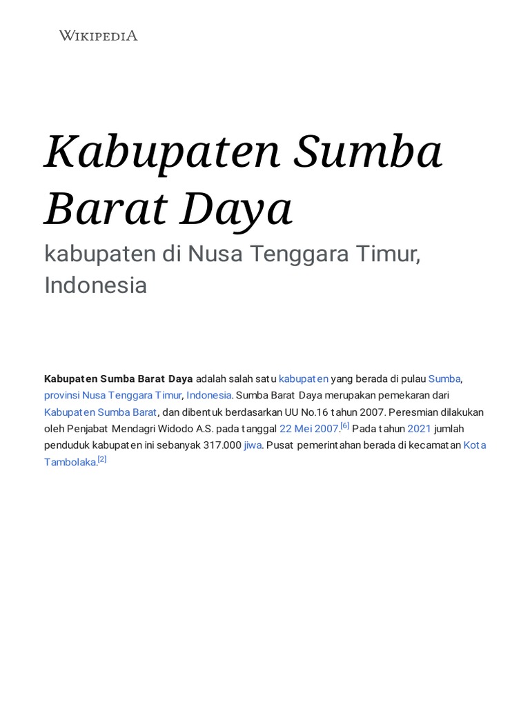 Gambaran Umum Kabupaten Sumba Barat Daya - Wikipedia Bahasa Indonesia, Ensiklopedia Bebas | PDF