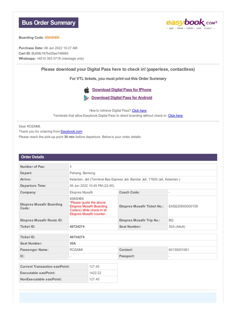 Bus Order Summary: Please Download Your Digital Pass Here To Check In ...