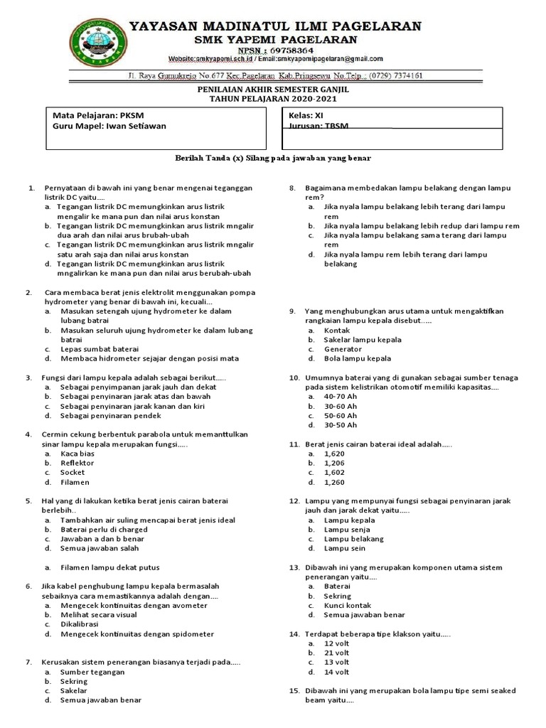 Soal Ujian PKSM TBSM Kelas XI 2020 | PDF