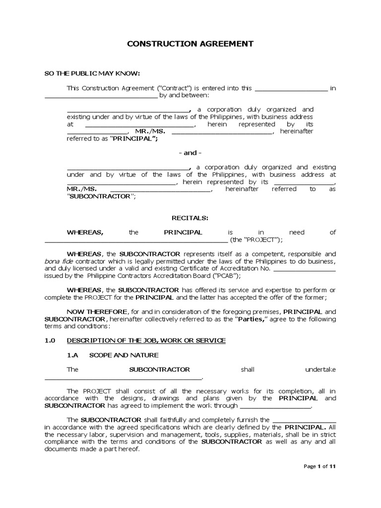 Construction Agreement - Template | PDF | Indemnity | Insurance